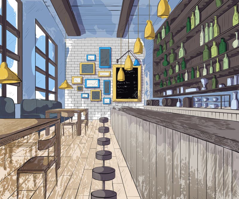 Sketch Perspective Interior Restaurant Into A Watercolor Stock ...