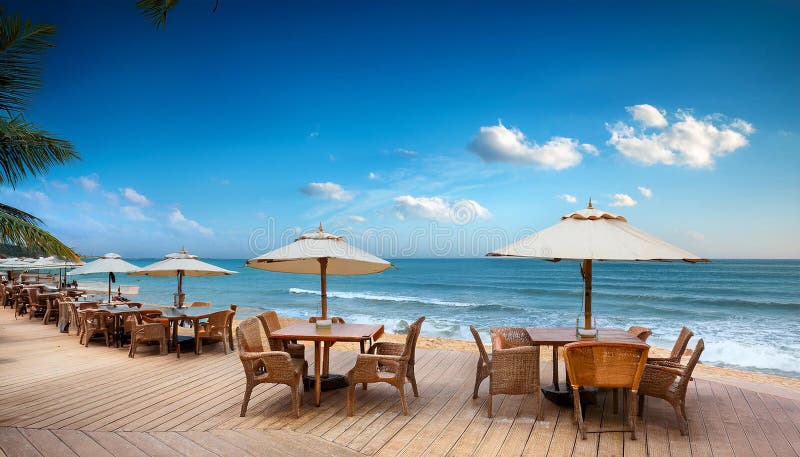 Cafe on the Beach, Ocean and Sky Stock Illustration - Illustration of ...