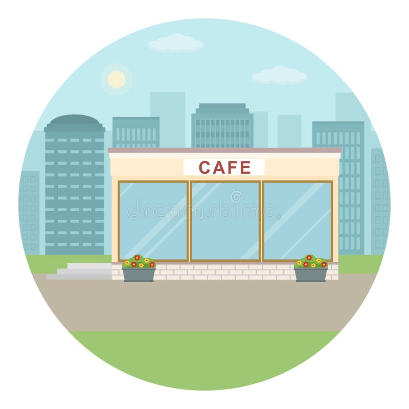 Cafe Building on City Background. Stock Vector - Illustration of grass ...