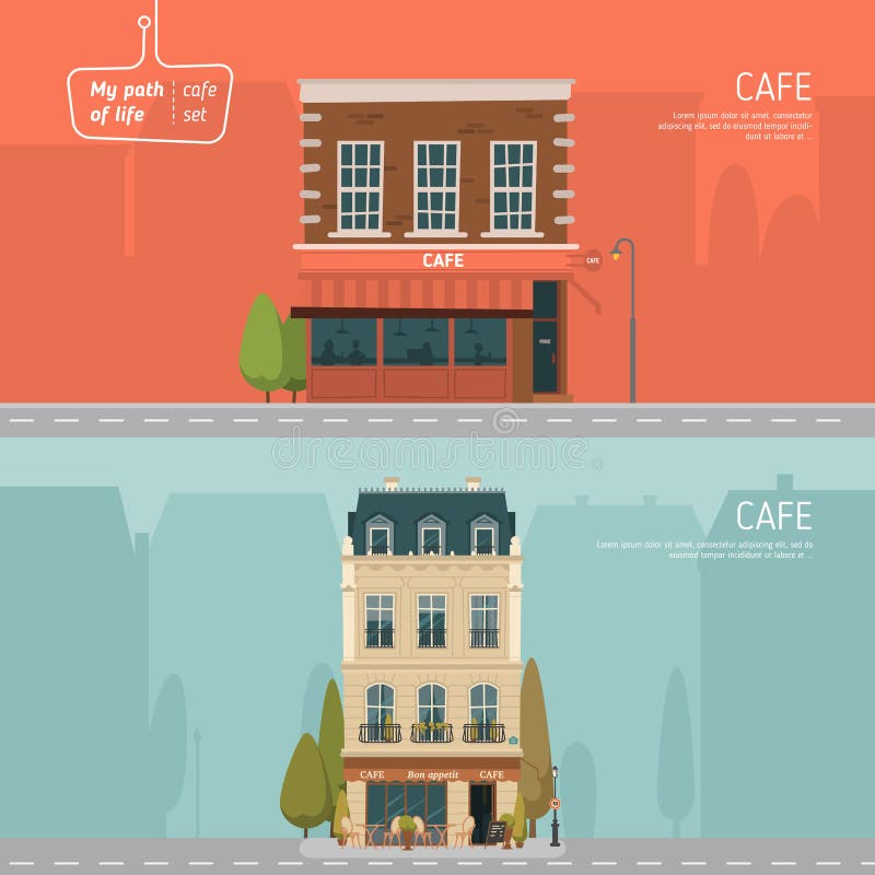 Cafe Buildings. Flat Design Stock Vector - Illustration of outdoor ...
