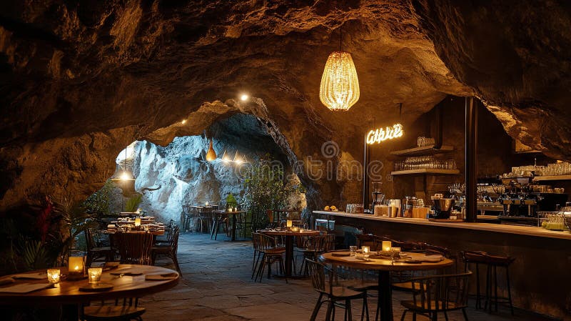Cafe Built in a Cave and Soft Lighting Creating a Cozy Ambiance.. Stock ...