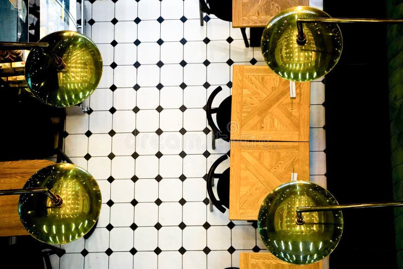 Cafe with Chairs, Tables and Bronze Lamps.Top View Stock Photo - Image ...
