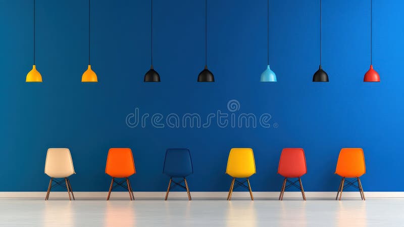 Cafe Charm: Colorful Interior with Rows of Chairs and Tables, Empty Wall by the Window Stock ...