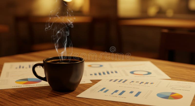 Cafe Data Analysis Coffee and Charts a Steaming Cup of Coffee Sits on a ...