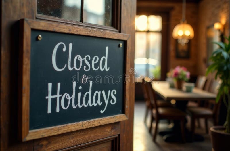 Cafe Door with a Closed Sign for Holidays during Evening Hours Stock ...