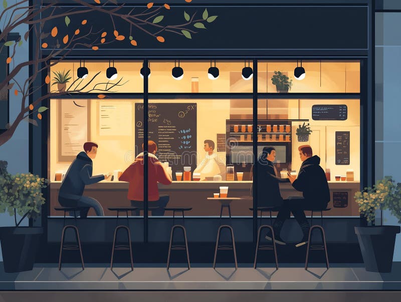 Cafe Exterior: Warm Lighting, Evening Scene, People Inside Stock ...
