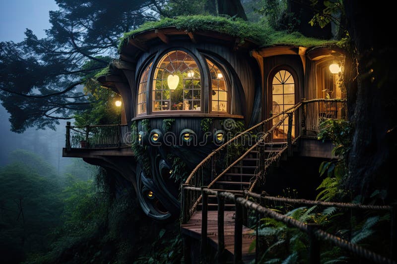 Cafe in the Forest at Night. Fantasy Landscape with Green Trees, AI ...