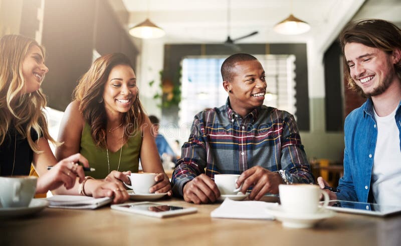 Cafe, Friends and Teamwork with Conversation for Notes, Feedback and ...