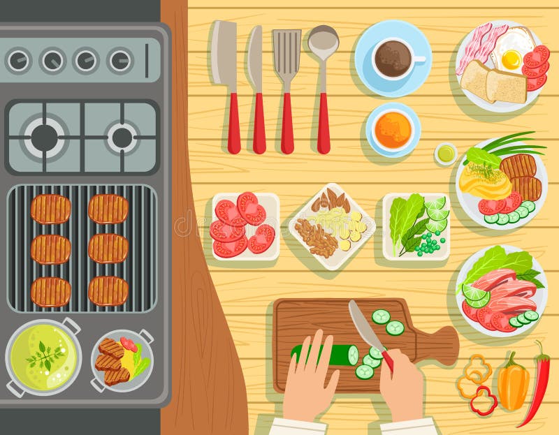 Cafe Grill Cooking Process Elements Set View from Above Stock Vector - Illustration of object ...