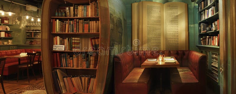 A Cafe Hidden Inside a Giant Book Stock Illustration - Illustration of ...