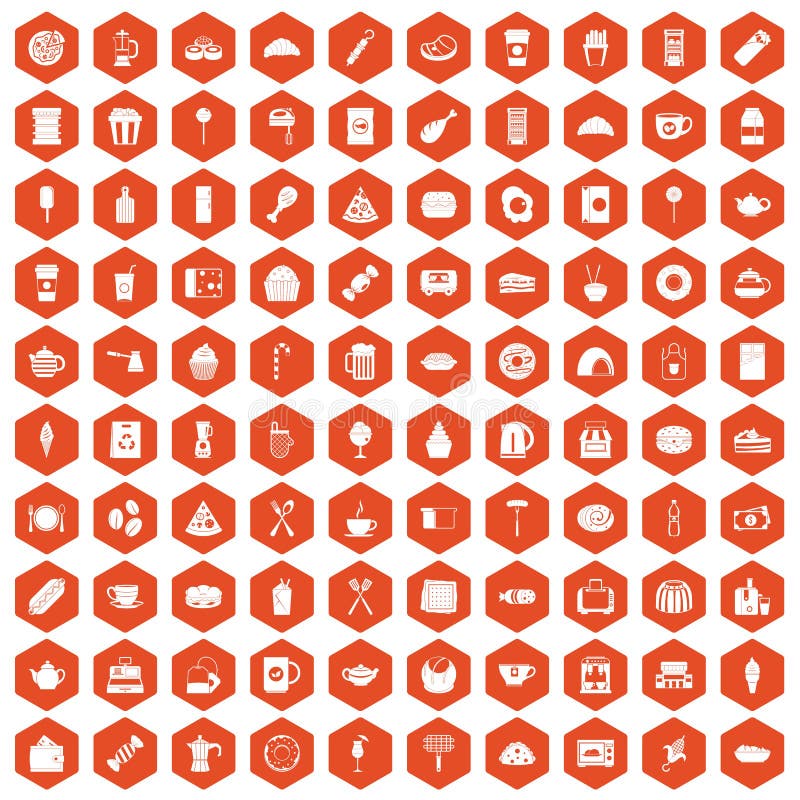 100 Cafe Icons Hexagon Orange Stock Vector - Illustration of hunger ...