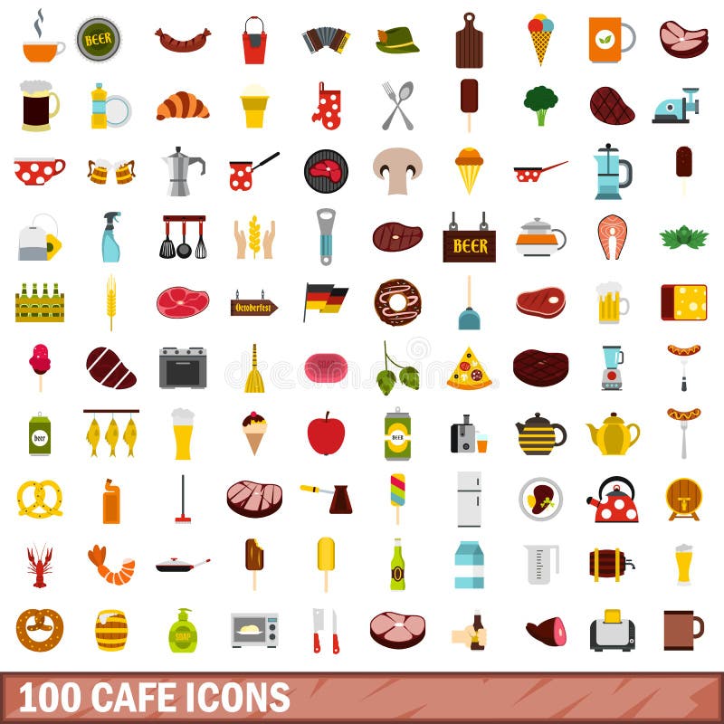 100 Cafe Icons Set, Flat Style Stock Vector - Illustration of menu ...