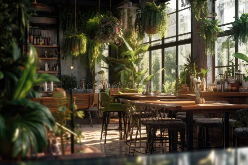 Cafe Interior in Botanical Style with Plant. Generative AI Stock ...