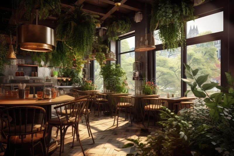 Cafe Interior in Botanical Style with Plant. Generative AI Stock ...