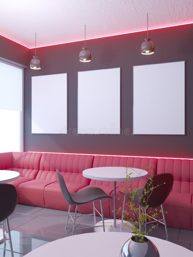 Cafe Interior with a Large Sofa, a Row of Tables with Chairs 3d ...