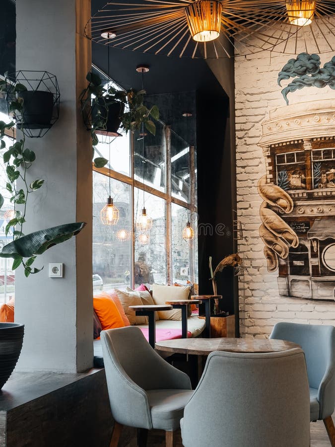 Cafe Interior with Large Windows and a Second Floor Stock Image - Image ...