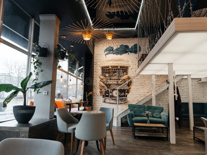 Cafe Interior with Large Windows and a Second Floor Stock Image - Image ...