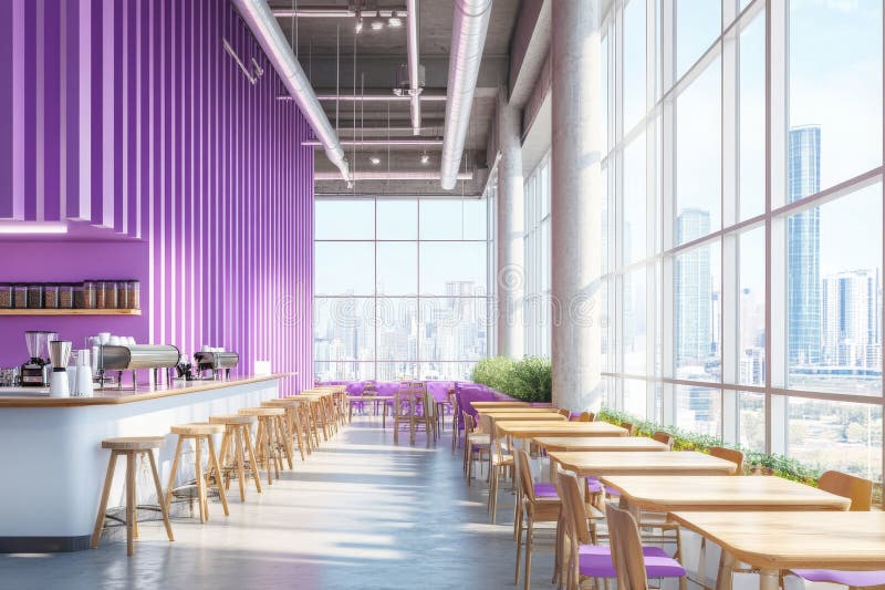 Cafe Interior with Purple Chairs and Eating Tables Arranged in Rows ...