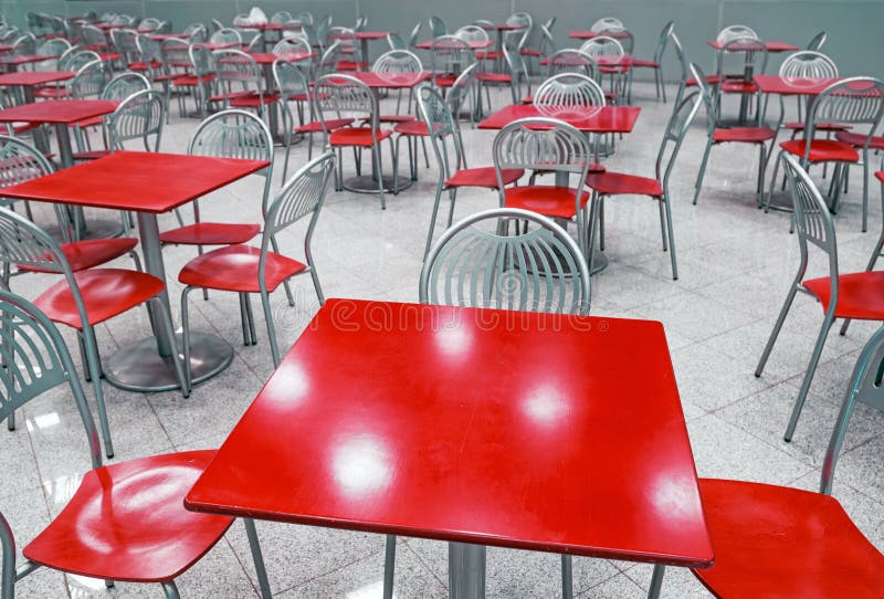 Cafe Interior with Red Tables and Chairs Stock Image - Image of tables ...