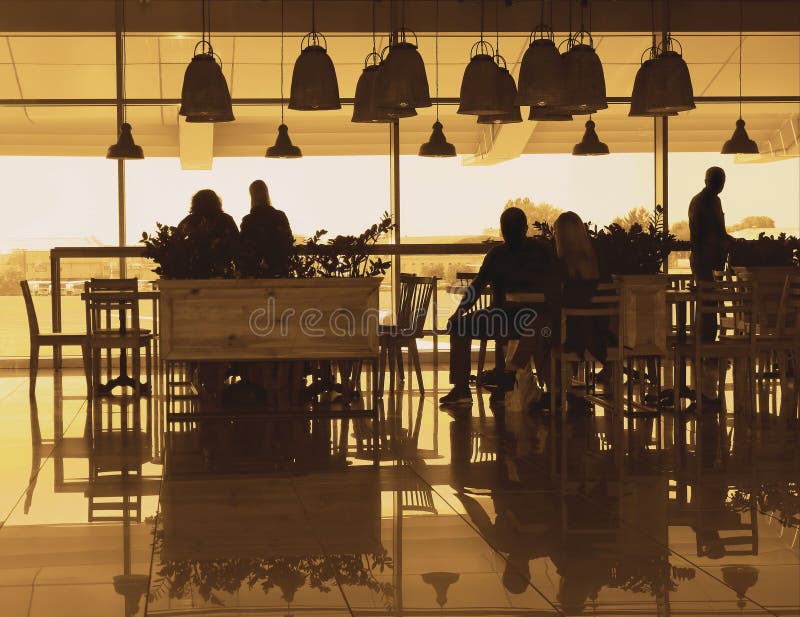 Cafe Interior with Silhouettes of People in the Morning Stock Image ...