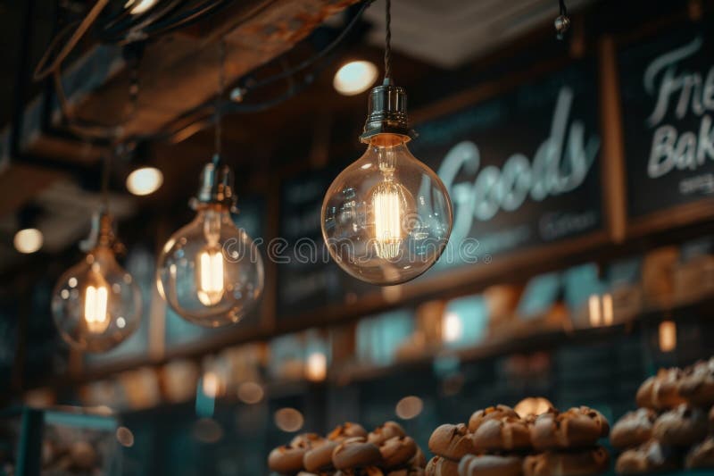 Warm Lights in a Cozy Cafe stock illustration. Illustration of display ...