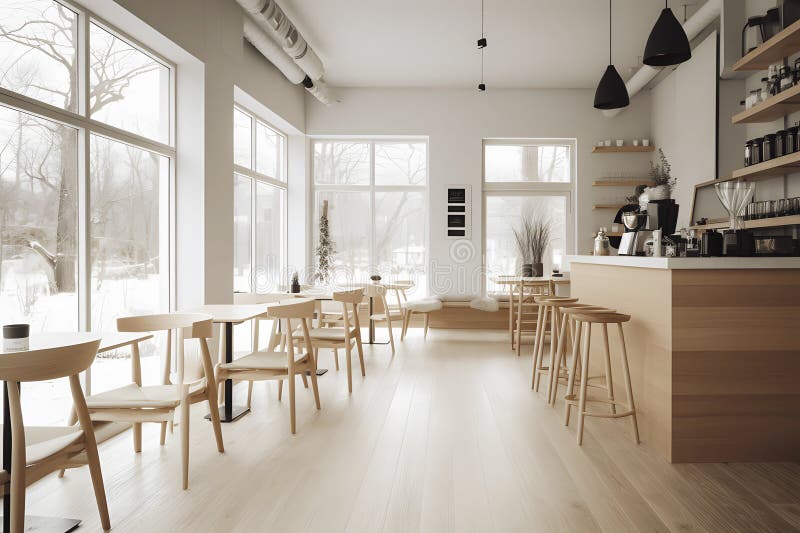 Cafe Interior with White Walls, Large Windows with Wooden Tables and ...