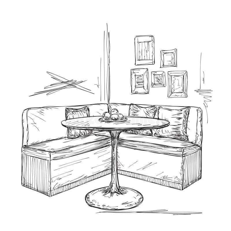 Kitchen Interior Drawing, Vector Illustration. Dinner Table Sketch ...