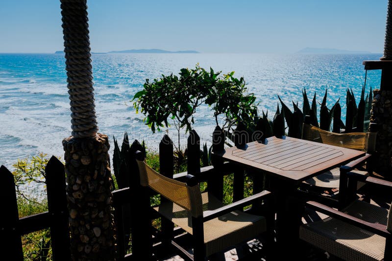 Cafe on Logas Sunset Beach, Perulades, Corfu Stock Photo - Image of ...