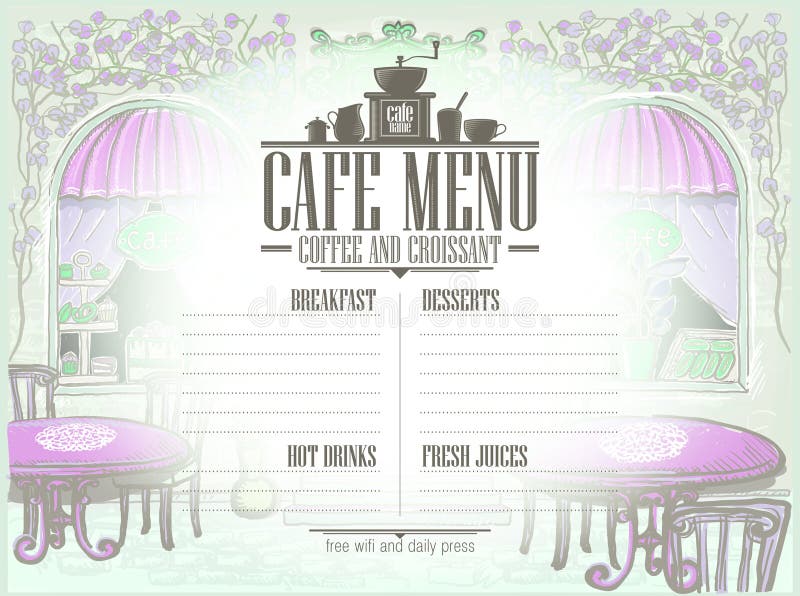 Cafe Menu Blank Template with Street Cafe Graphic Illustration Stock ...