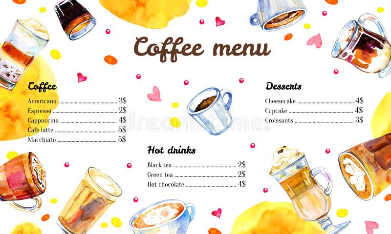 Cafe Menu Design Template with List of Coffee Drinks. Watercolor Hand ... Cafe Menu Design Template with List of Coffee Drinks. Watercolor Hand ...