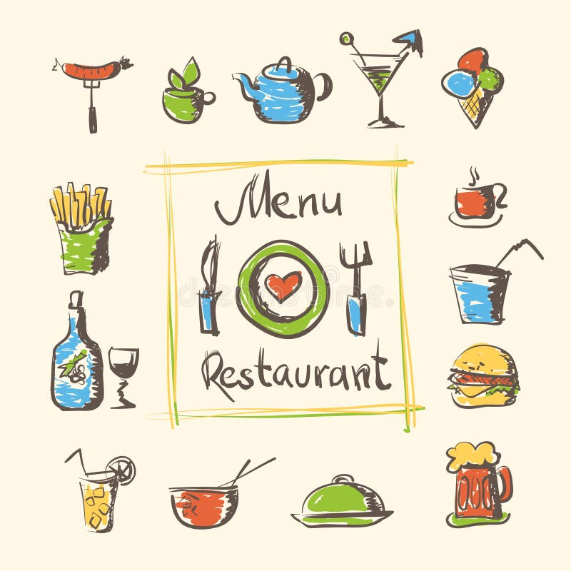 Cafe Menu Food and Drinks Hand Drawn Icons Stock Vector - Illustration ...