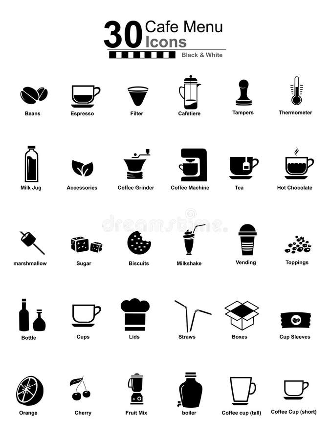 30 Cafe Menu Icons stock vector. Illustration of flat - 73137265