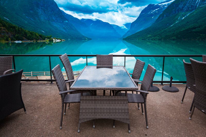 Cafe on the Nature Background Stock Image - Image of mountains, fjords ...