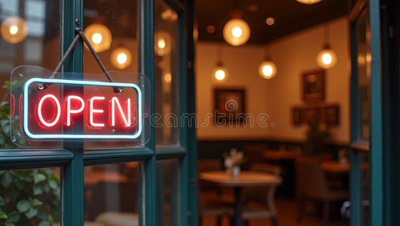 Cafe Open Sign on Vintage Storefront Stock Illustration - Illustration ...