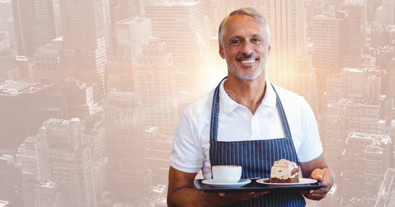 Cafe Owner with Coffee and Cake Against Blurry Skyline Stock Photo ...