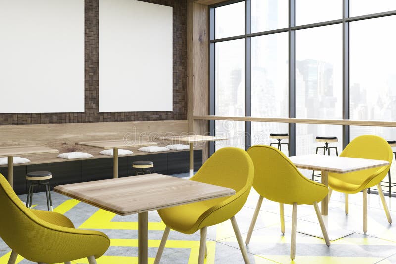 Cafe with Posters, Yellow, Side Stock Illustration - Illustration of ...