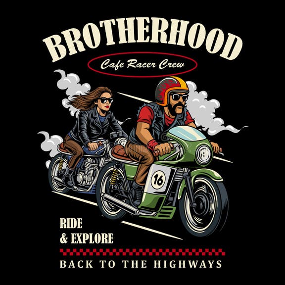 Two Retro Bikers Riding Classic Cafe Racers with Brotherhood Typography ...