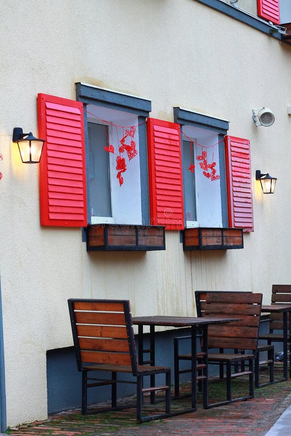 Cafe with Red Shutters on the Windows Stock Image - Image of style ...