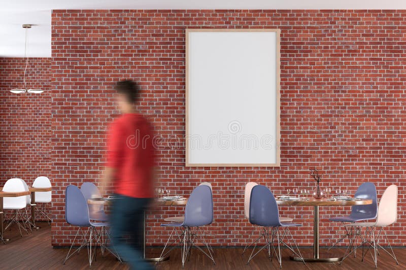 Cafe or Restaurant Interior with Blank Vertical Poster on the Red Brick ...
