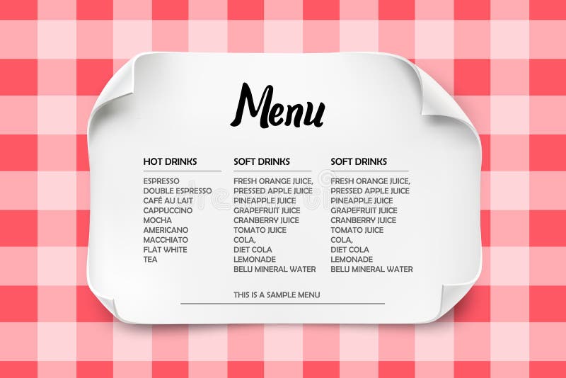 Cafe or Restaurant Menu Design with Curved Paper on a Tablecloth. Stock ...