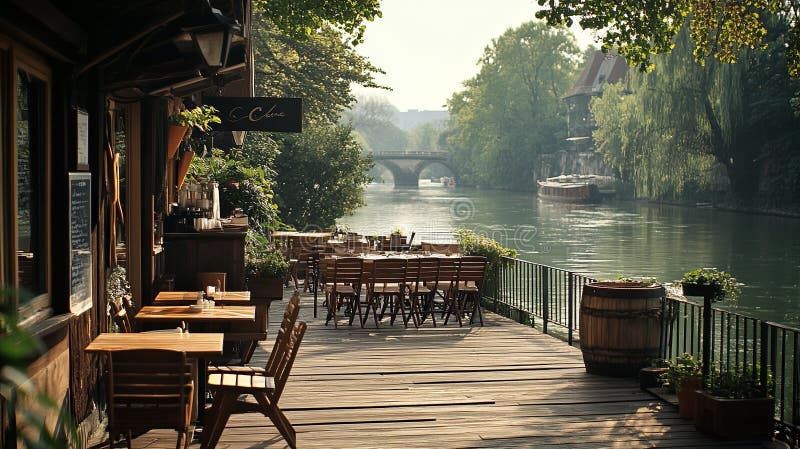 Cafe by a River with Wooden Decking, Offering Peaceful Water Views ...