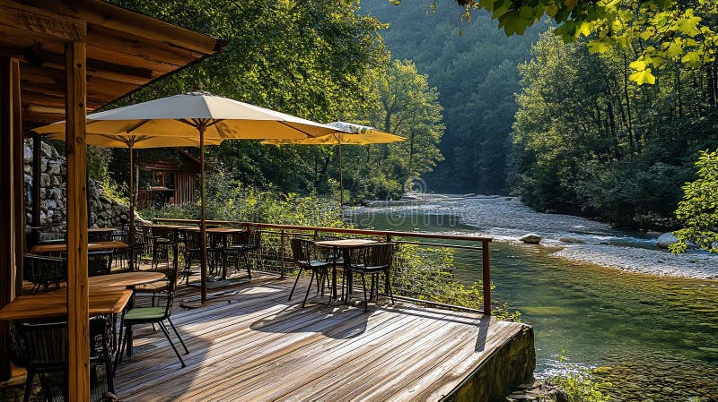 Cafe by a River with Wooden Decking, Offering Peaceful Water Views ...