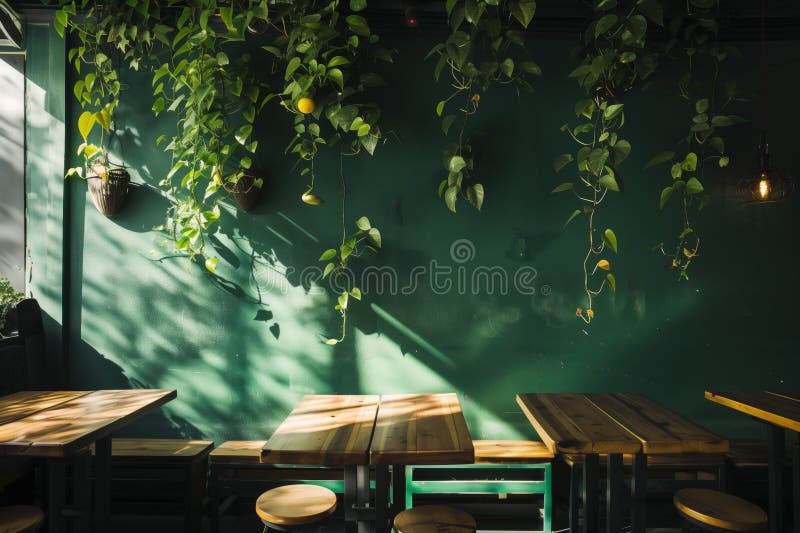 Cafe Scene with Green Wall and Wooden Tables Stock Image - Image of ...