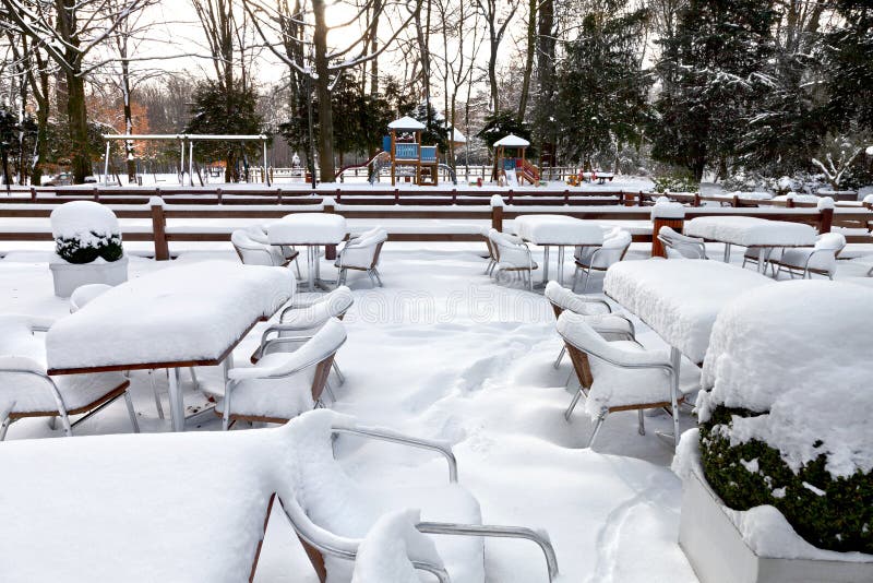 Cafe with Snow. Winter Landscaper Stock Photo - Image of furniture ...