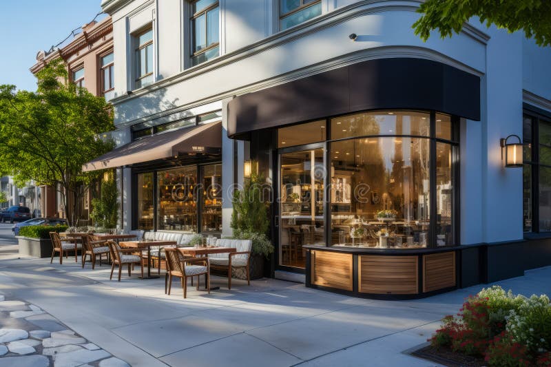 Cafe Storefront with Outdoor Seating, Modern Urban Setting, Stone ...