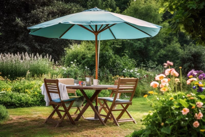 Cafe Table with Chair and Parasol Umbrella in the Garden. Generative AI ...