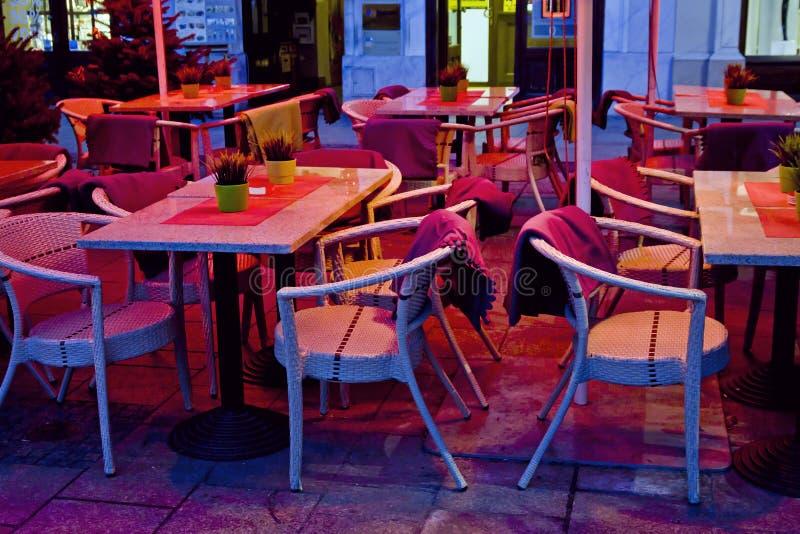 Cafe with table and chairs stock photo. Image of night - 37803066