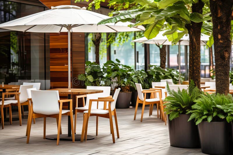 Cafe Tables and Chairs Outside with Big White Umbre Stock Photo - Image ...