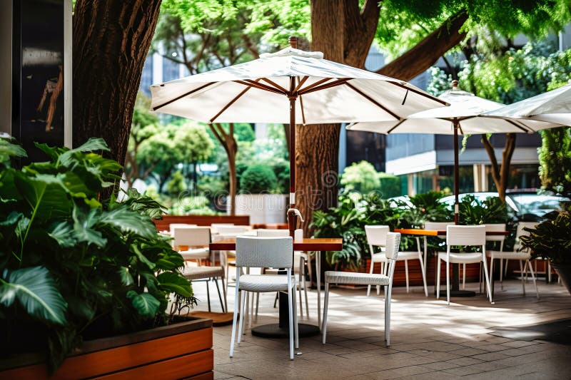 Cafe Tables and Chairs Outside with Big White Umbre Stock Photo - Image ...