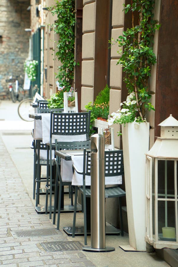 Cafe Terrace Exterior with Chairs and Tables. Stock Image - Image of ...